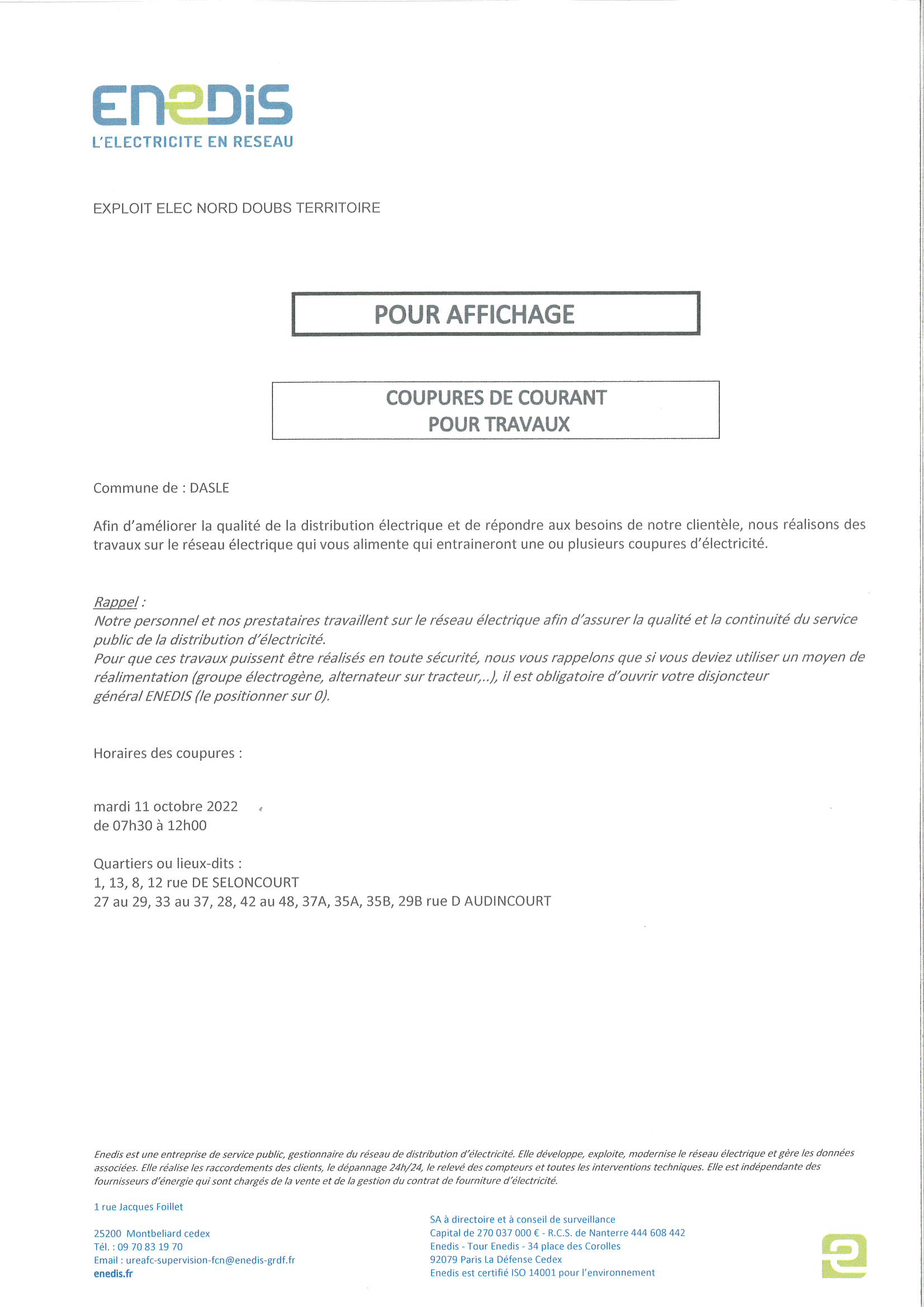 Communiqué Enedis : coupures de courant le 11 octobre 2022 - Ville de Dasle